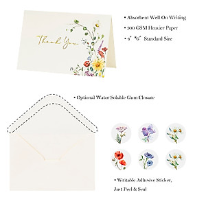 Crisky Thank You Cards 4 Assortment, Gold Foil Watercolor WildFlowers (50 Cards with Envelopes for Birthday, Baby Shower, Bridal Shower, Wedding, All Occasion)