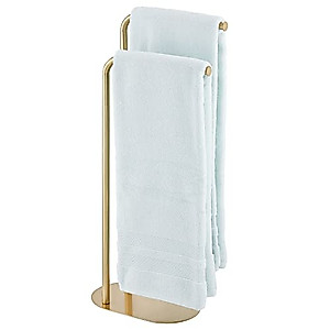 mDesign Tall Stainless Freestanding Towel Rack Holder - 2 Tier Minimalist Pedestal Hanger Holders for Kitchen and Bathroom - Racks for Bath, Hand, Dish, and Tea Towels or Washcloths - Soft Brass