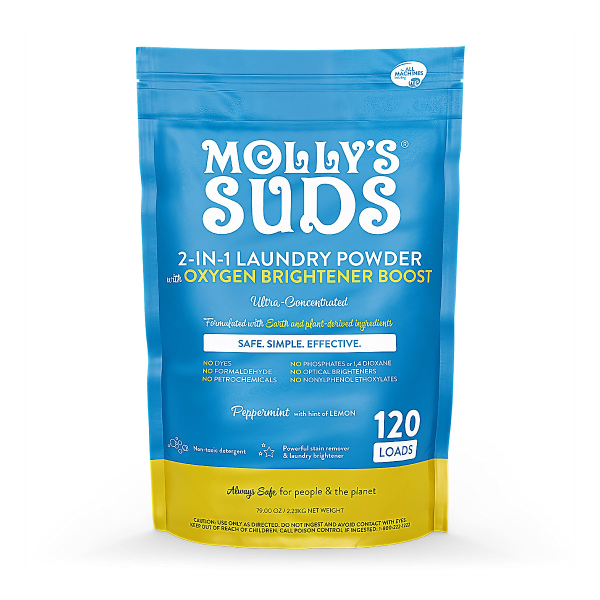 Molly's Suds 2-in-1 Original Laundry Powder with Oxygen Brightener Boost | Clean Laundry Detergent & Stain Remover | Peppermint with Hint of Lemon, 120 Loads