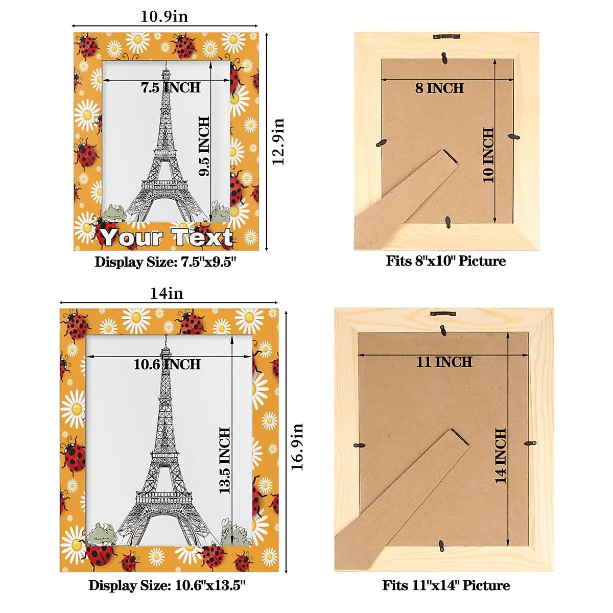 Herdesigns Ladybugs Daisy 8x10 Picture Frame Personalized Custom Text Name Red Ladybugs Wooden Picture Frame for Wall and Tabletop Display, Photo Picture Frame Customized Gift