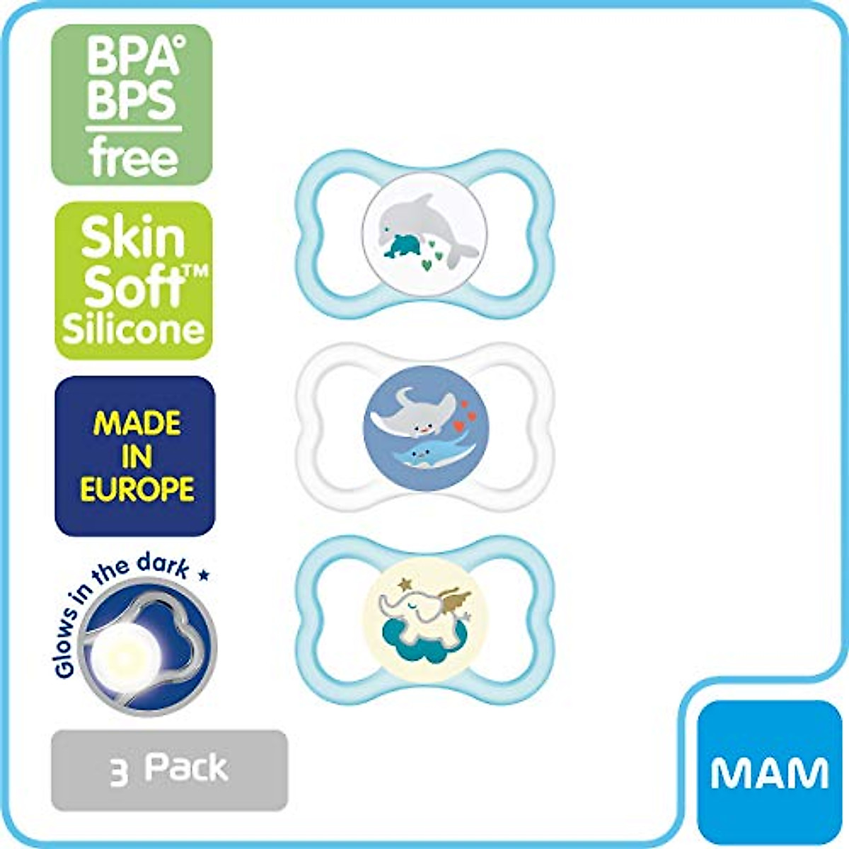 MAM Air Day & Night Baby Pacifier, for Sensitive Skin, Glows in The Dark, Boy , 6-16 Months (Pack of 3)(Packaging may vary)