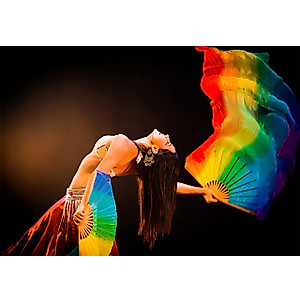 Nimiman Women 1 Pair (Left+Right) Silk Belly Dance Fan Veil Belly Dancing Long Hand Fan Length 150 cm Width 90 cm (Rainbow)
