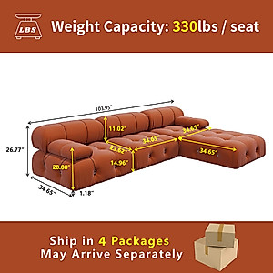 MGH Convertible Modular, Minimalist Couch with Ottomans, L-Shaped Velvet Sofas Couches, 4-Seat Sofa Couch Sectional with Reversible Chaise for Living Room (Orange)