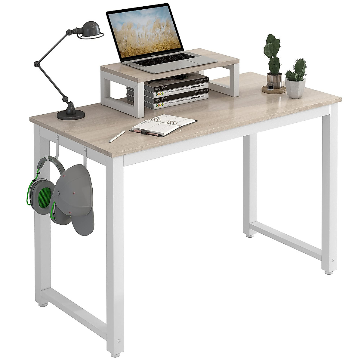 JSB Small Computer Office Desk 39" with Freely Move Monitor Stand and 4 Hooks, Study Writing Table PC Home Office Desk - Natural & White