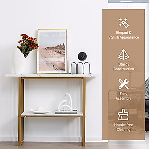 Tangkula 48” Console Table, White Faux Marble Entryway Table with Gold Finished Frame, Modern Deluxe Sofa Table with 2 Tier Storage, Ideal for Living Room, Hallway, Dining Room