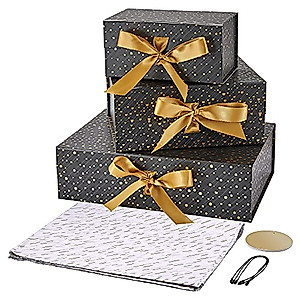ZEEKING All In One Complete Gift Giving Experience Set, Luxury Gift Boxes (Set of 3, Assorted Sizes) + Tissue Paper + Gift Tags For Birthdays, Valentine's Day, Christmas, Weddings (Midnight Gold)