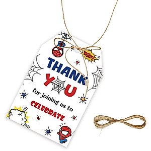 50pcs Spider Thank You Tags, Spider Boy Birthday Party Favors Gift Tag with String, Cartoon Movie Tags for Kid's Party, Superhero Toys Party Favors