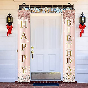 Pink Rose Gold Happy Birthday Door Banner Decorations, Birthday Party Porch Sign Supplies for Women Girls, Sweet 16th 21st 30th 40th 50th 60th Birthday Decor