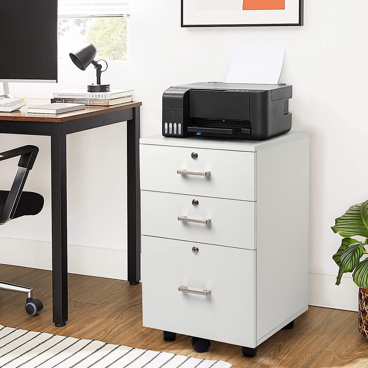 Bonnlo 26" H 3 Drawer File Cabinet with Lock, Rolling File Cabinet Under Desk, Mobile File Cabinets for Home Office, Wood White File Cabinet Printer Stand for Letter Size Hanging/Manila File Folders