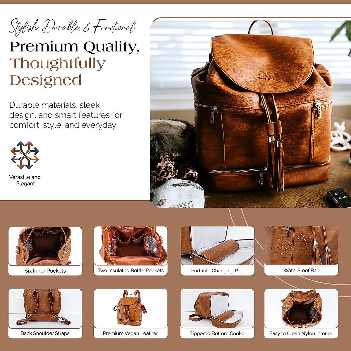 Citi Collective Journey Diaper Bag - Vintage Tan - Convertible Backpack to Shoulder or Crossbody - Waterproof Vegan Leather