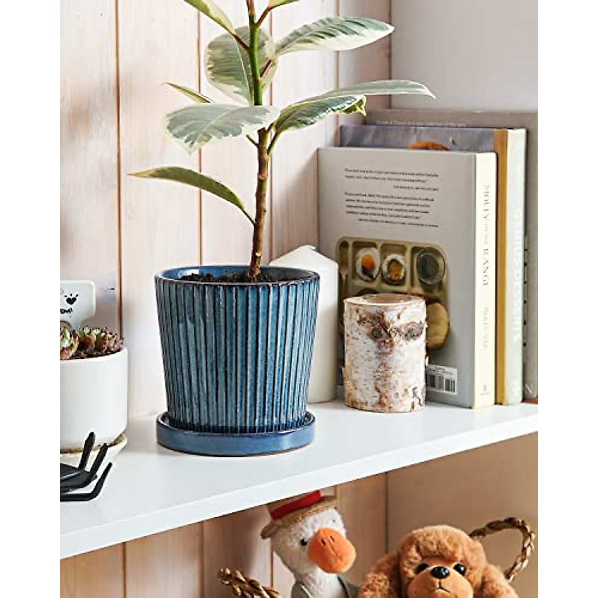 LE TAUCI Plant Pots, 5.5 Inch Pots for Indoor Plants, Planters with Drainage Hole and Saucer for Home or Office, Flower Pots for Succulent, Snake Plants and Cactus, Set of 2, Reactive Glaze Blue