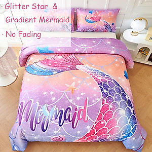 ZRNBAST Twin Size Mermaid Tail Comforter Set for Girls 3 Pcs Purple Orange Blue Bedding Set for Kids Soft Lightweight Gradient Glitter Bed Set for All Season(Twin, Orange)