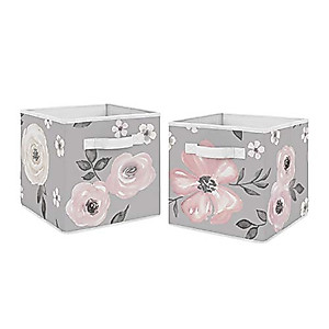 Sweet Jojo Designs Grey Watercolor Floral Foldable Fabric Storage Cube Bins Boxes Organizer Toys Kids Baby Childrens - Set of 2 - Blush Pink Gray and White Shabby Chic Rose Flower Farmhouse