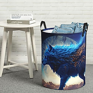 Large Laundry Basket with Handles - Moonlit Blue Wolf Baby Kids Dirty Clothes Laundry Hamper