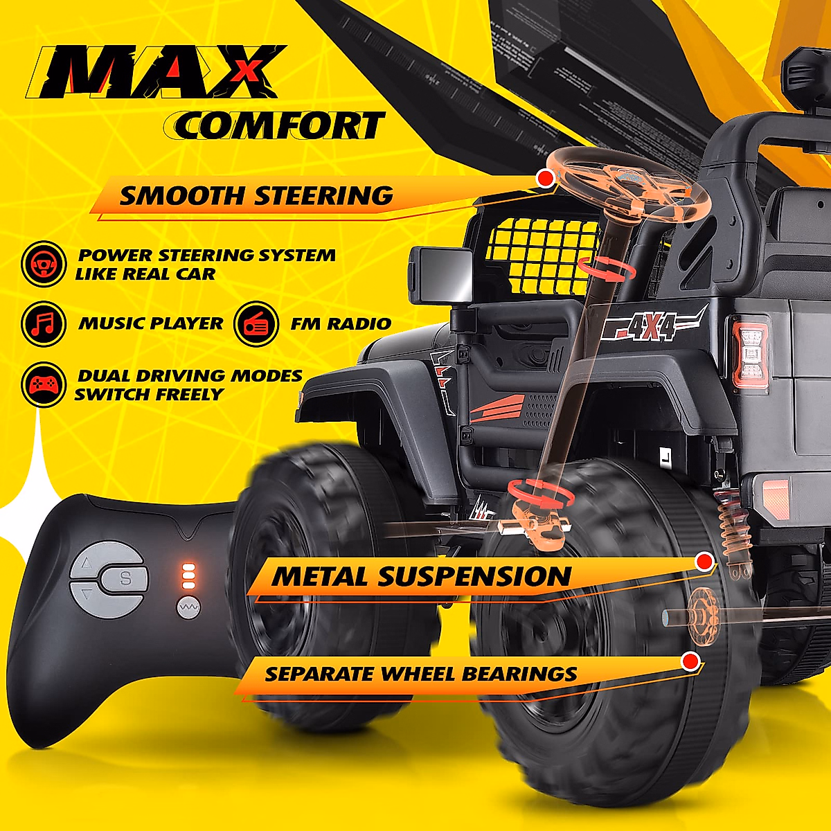 Blitzshark 24V MAX Ride-on Truck 2 Seater 4WD Kids Electric Vehicle 4x4 XXL Battery Powered Car, with 480W Ultra Powerful Motor, 7AH Battery, Remote Control, Full-Metal Suspension& DIY Sticker, Black