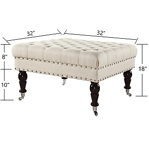 24KF Large Square Upholstered Tufted Button Linen Ottoman Coffee Table, Large Footrest Bench with Casters Rolling Wheels-Ivory