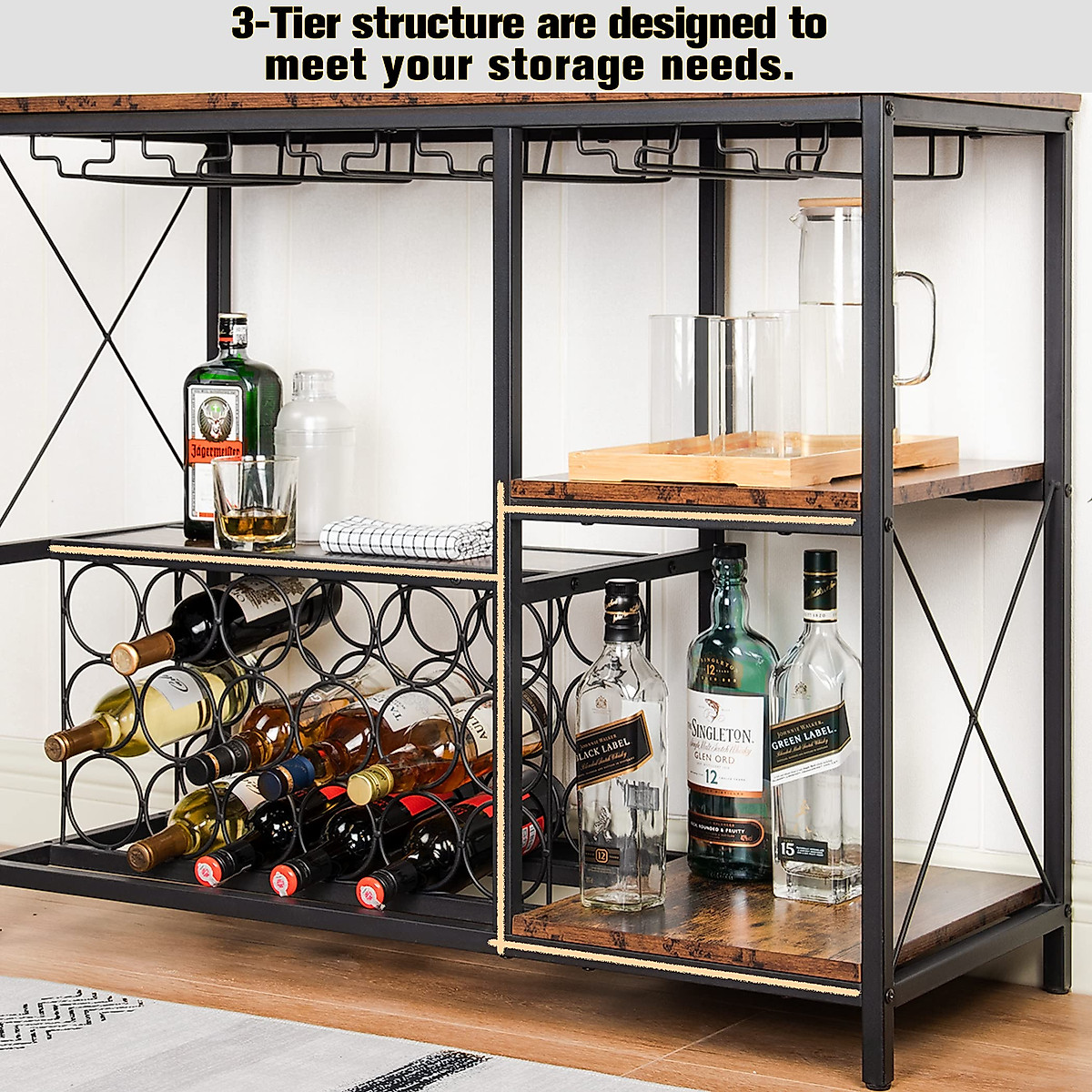 Tektalk Wine Bar Cabinet Wine Rack Freestanding Table with Glass Holder and Wine Storage for Home Kitchen Dining Room - Rustic Brown