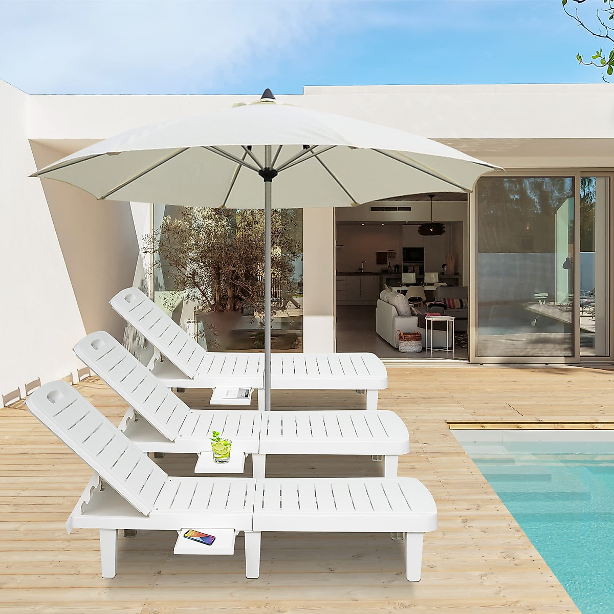 LUCKYERMORE Outdoor Chaise Lounge Set of 3, Patio Lounge Chairs for Outside, 74" Pool Lounge Chairs w/ 4 Level Adjustable Backrest, 350lbs Weight Capacity Plastic White Pool Furniture, Waterproof