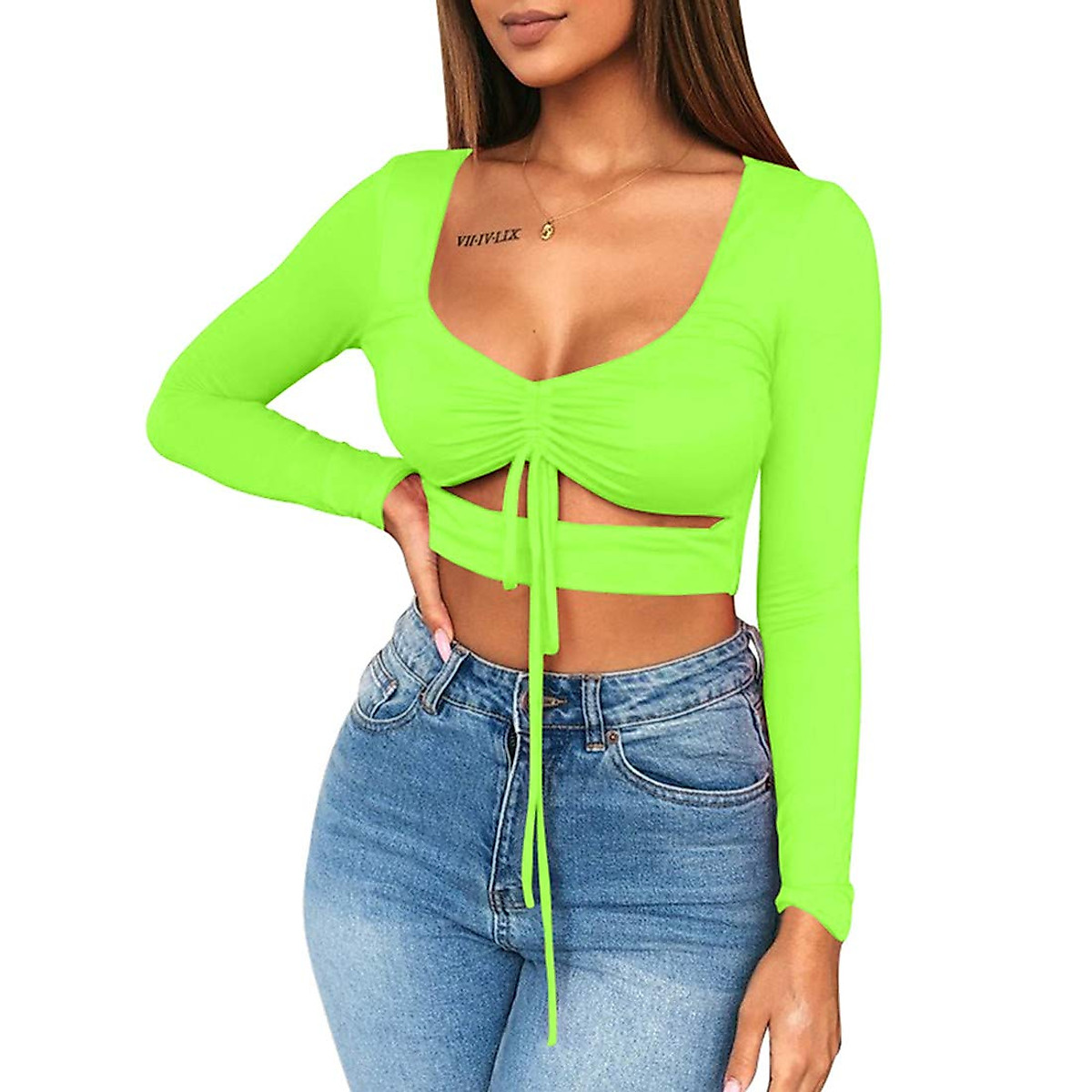 Mizoci Women's Sexy Ruched Tie Up Crop Top Basic Long Sleeve Cut Out T Shirt,Small,Light Green