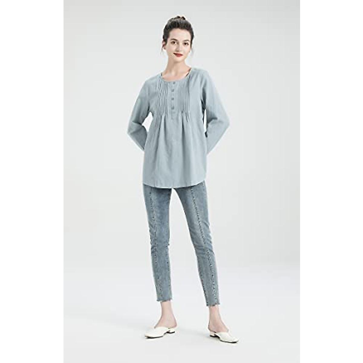 Minibee Women's Scoop Neck Pleated Blouse Solid Color Lovely Button Tunic Shirt White M