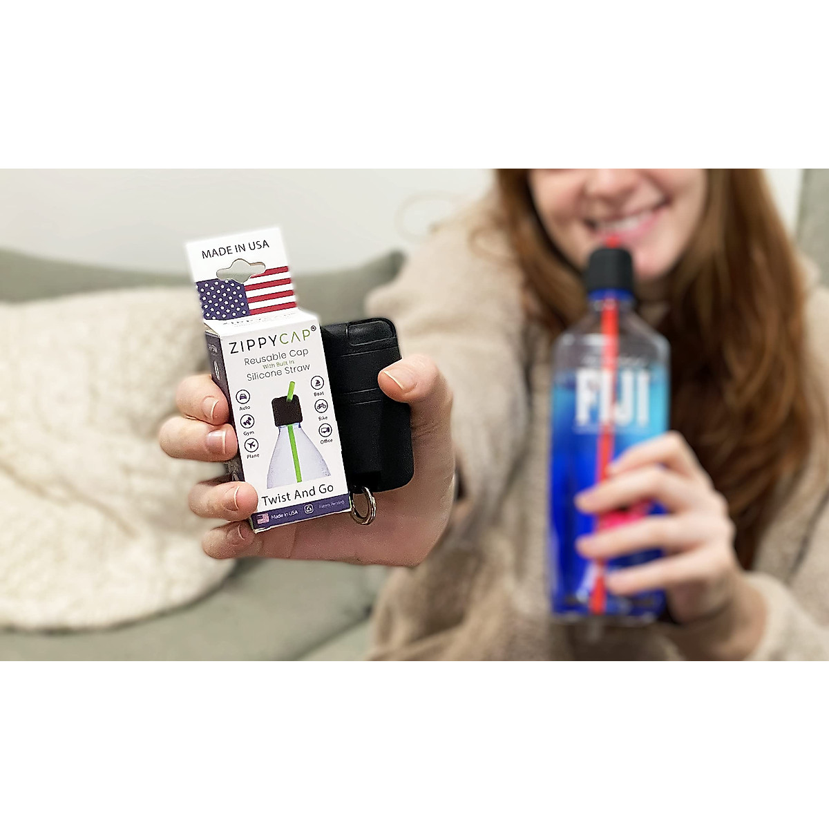 ZippyCap Reusable Silicone Straw | Built-in Universal SpillProof Twist Cap | Green Straw | Single Pack