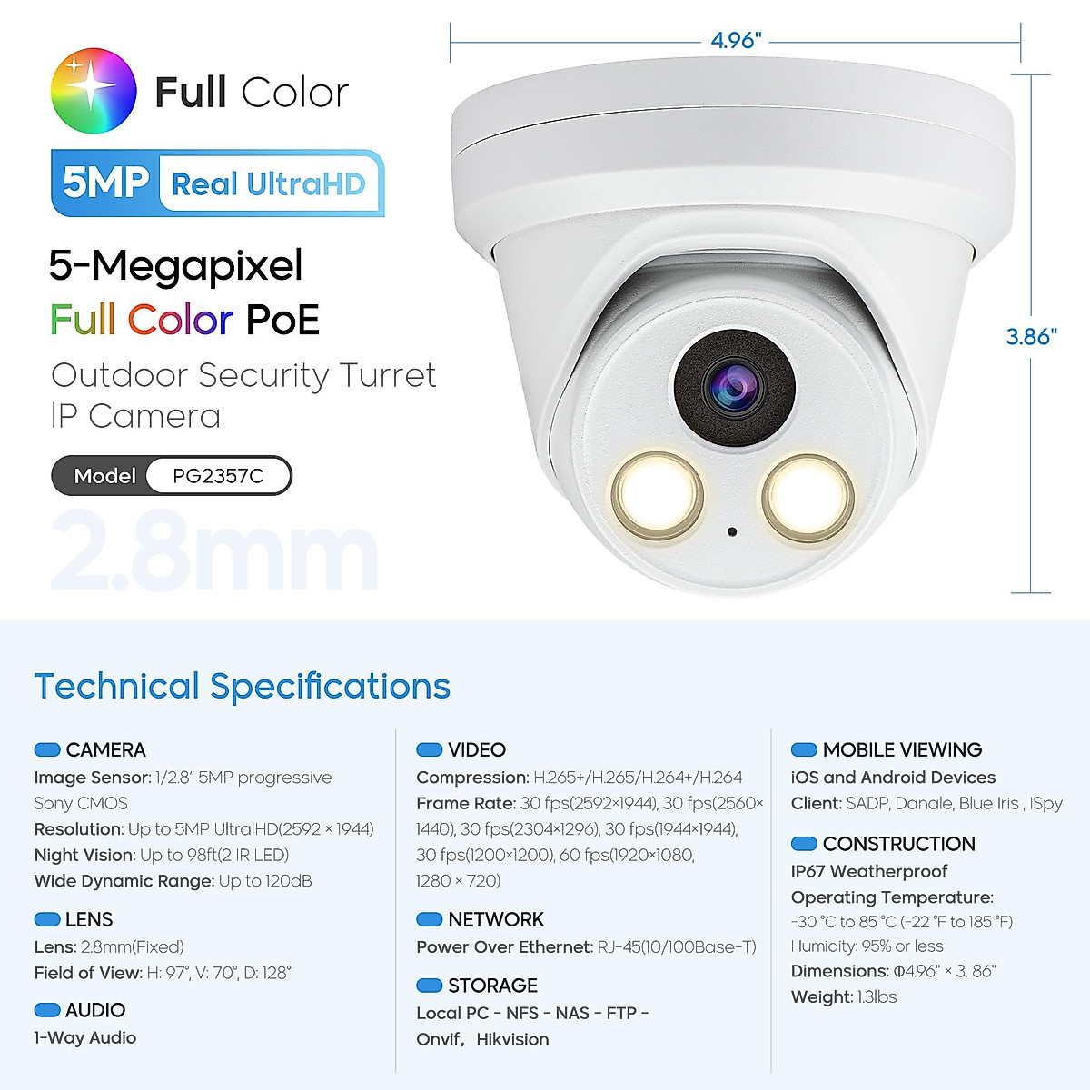 5MP Full Color PoE IP Camera, 2.8mm Lens 118° Wide Angle, F1.0 Aperture, 98.4ft Full Color Night Vision, Human/Vehicle Detection, Built-in Mic, Metal Housing, IP67 Weatherproof, Works with HKV