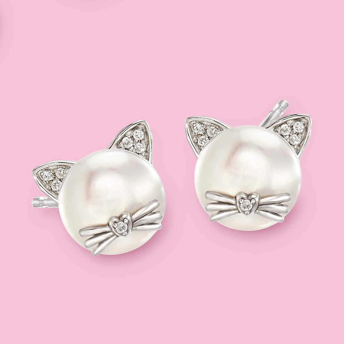 Ross-Simons 8-8.5mm Cultured Pearl Cat Earrings with Diamond Accents in Sterling Silver