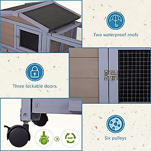 Rabbit House 58" Rabbit Hutch Indoor & Outdoor Wooden Bunny Cage W/Wheels, Large Guinea Pig House Rabbits Cage with Run Ramp Removable Trays for Small Animals