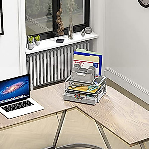 Simple Houseware Mesh Desk Organizer with Sliding Drawer, Double Tray and 5 Stacking Sorter Sections, Silver