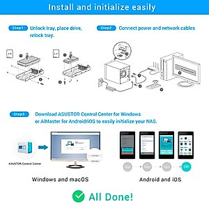 Asustor Lockerstor 4 AS6604T - 4 Bay NAS, Quad-Core 2.0GHz CPU, 2 2.5GbE Ports, 4GB RAM DDR4, 2 M.2 SSD Slots, Network Attached Storage (Diskless)