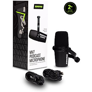Shure MV7 USB Microphone for Podcasting, Recording, Live Streaming & Gaming, Built-in Headphone Output, All Metal USB/XLR Dynamic Mic, Voice-Isolating Technology, TeamSpeak & Zoom Certified – Black