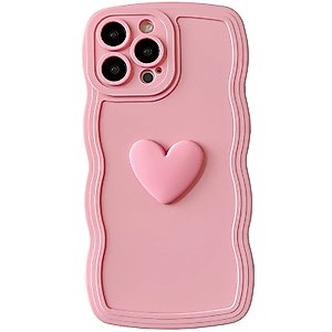 Qokey Case(6.7" 2021), Cute 3D Colors Love Heart Wavy Frame Full Protection for iPhone 13 Pro Max 6.7" Soft TPU Shockproof Phone Cover for Women Girls,Pink