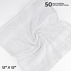 ZUPERIA Cotton Terry Towels Cleaning Cloths, 100% Cotton Terry Cloth Bar Rags White Bar Towels, Multipurpose High Absorbent Pack of 50 (12"x12") Terry Towels for Detailing or Painters (White)