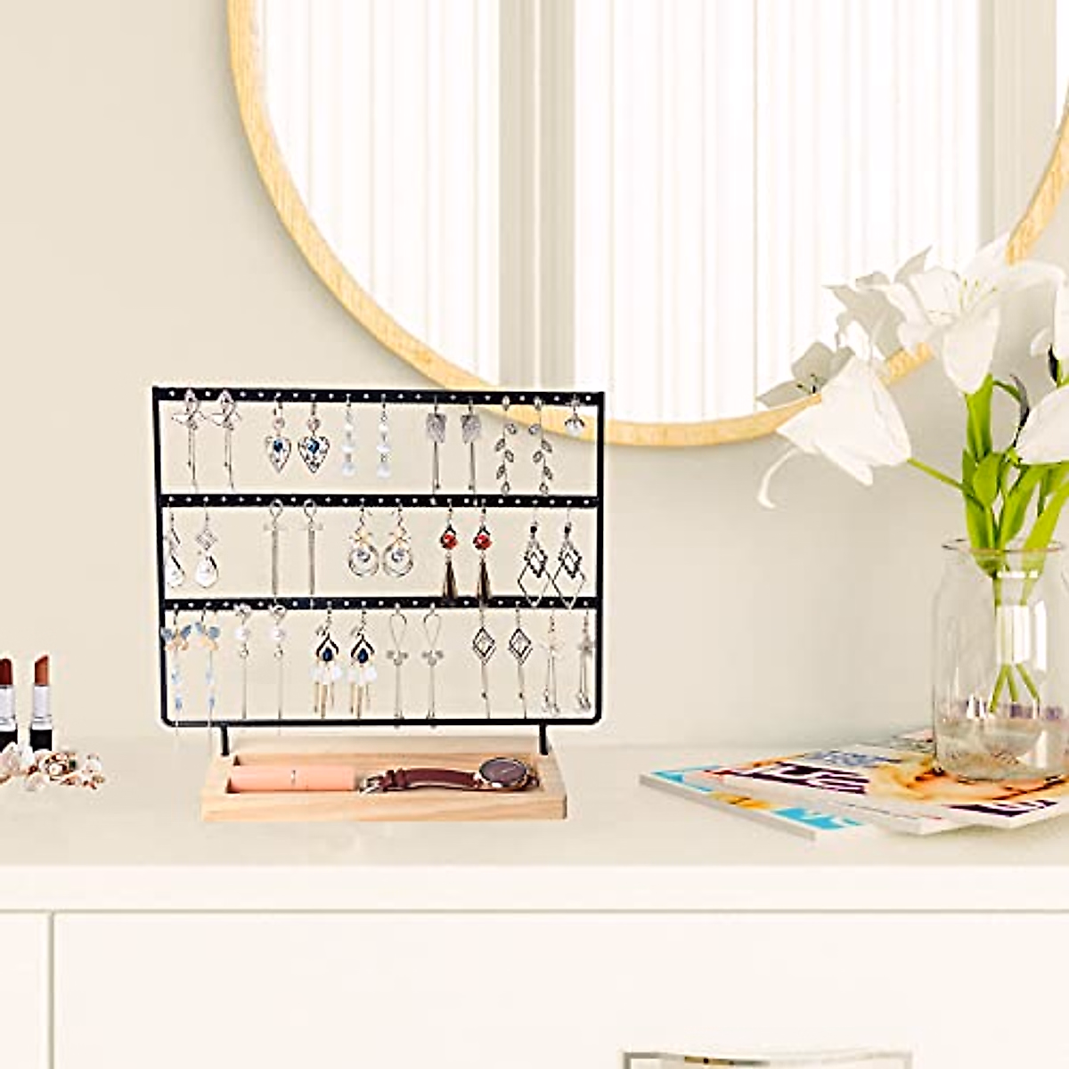 sovia Earring Organizer 3-Tier 75 Holes Jewelry Organizer Display Stand,Metal Earring Holder with Wood Basic stand,Necklace holder Storage Tray for Ring,Earrings,Ear Stud,Bracelets(Black)