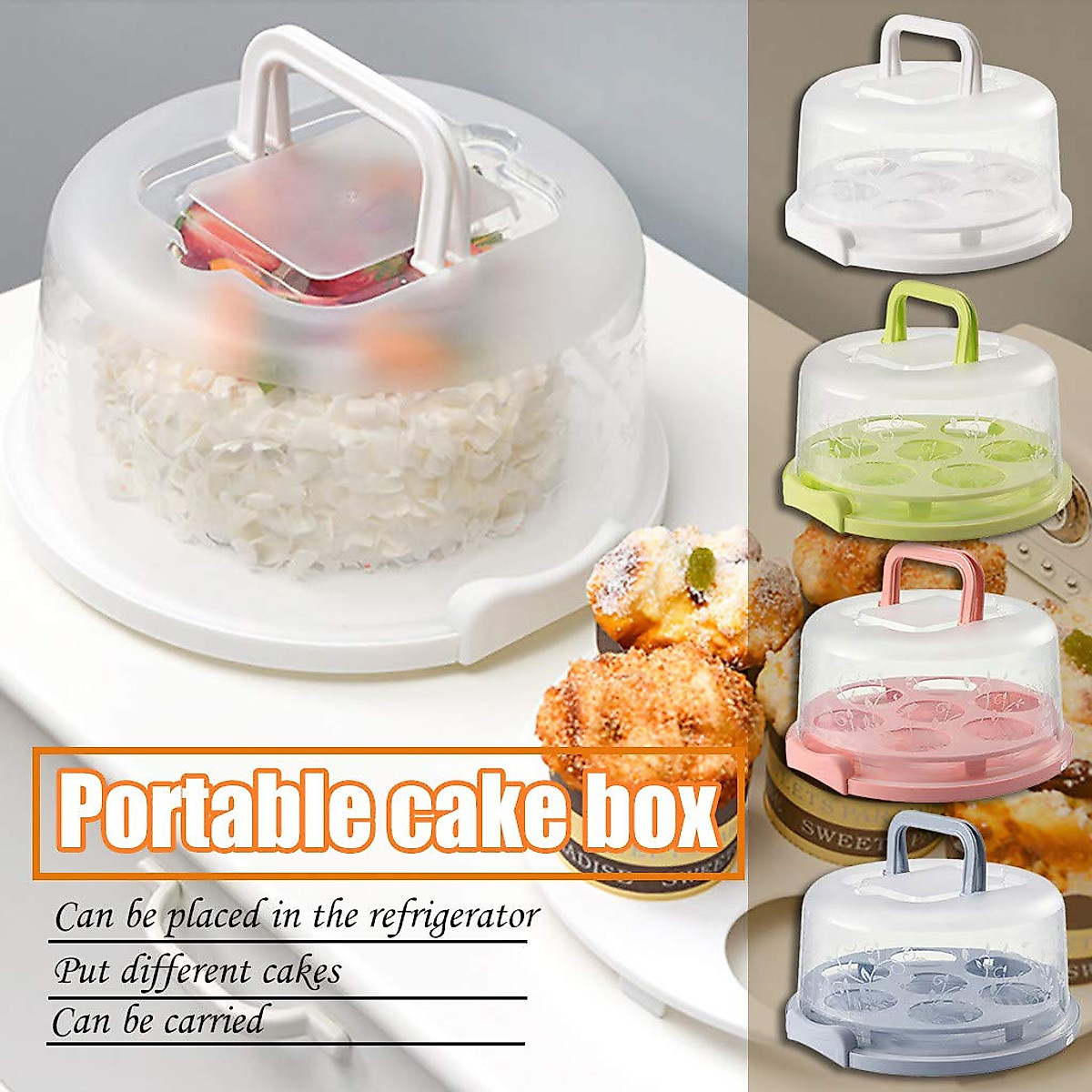 Cake Carrier with Handle, Cake Holder with Cover Lid, Round Cupcake Container Saver Transporter for Pies Cookies Nuts Fruit Storage, 10 Inch (White)