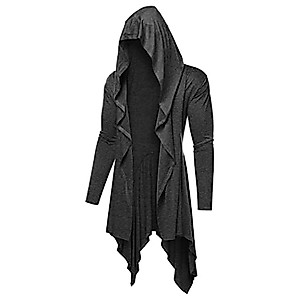 COOFANDY Men's Long Hooded Cardigan Ruffle Shawl Collar Open Front Lightweight Drape Cape Overcoat with Pockets Dark Grey