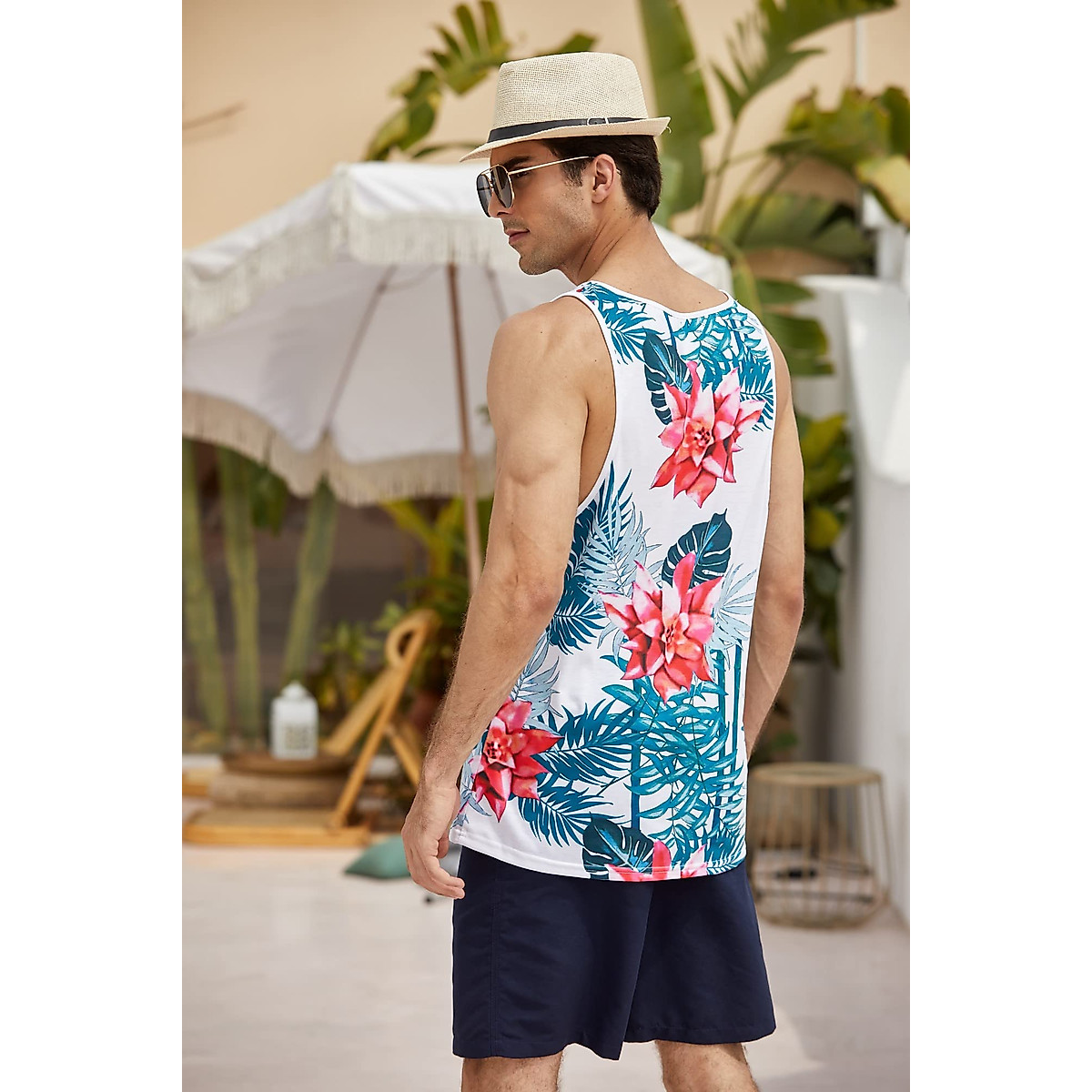 COOFANDY Men's Floral Tank Tops Sleeveless Tees All Over Print Casual Sport Loose Fit T-Shirts Hawaii Beach Tee Tops White M