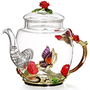 YOUEON 10 Oz Floral Glass Teapot with Rose Flower and Gold Edge, Heat Resistant Enamel Glass Teapot with Gift Box, Clear Teapot with Strainer for Blooming Tea, Loose Leaf Tea, Mothers Day