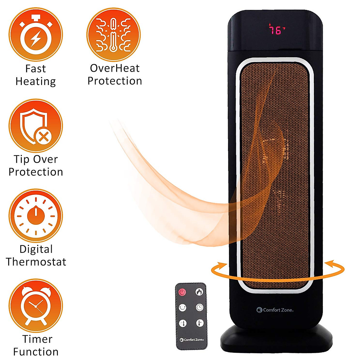 Oscillating Space Heater – Ceramic Forced Fan Heating with Stay Cool Housing - Tower with Remote Control, Digital Thermostat, Timer, Large Temperature Display and Efficient ECO Mode - by Bovado USA