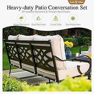 Sophia & William 6 Piece Outdoor Patio Furniture Set, 7 Seats Patio Conversation Sets with 45" Gas Fire Pit Table x 1, 3-seat Sofa x 1, Swivel Chair x 2, Cushioned Chair x 2, Beige