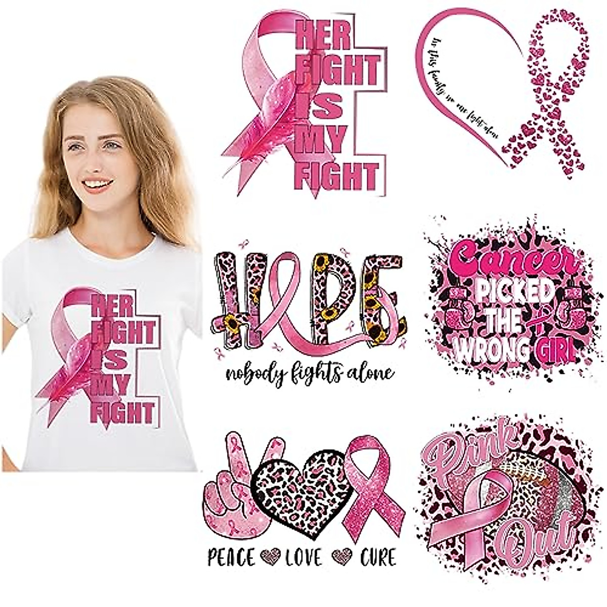 6 Sheets Breast Cancer Awareness Iron on Transfer Pink Ribbon Iron on Patches Stickers Heat Transfer Stickers Crown Letter Design Vinyl Appliques Sticker for T-Shirt Jean Pillow Cover DIY Decorations
