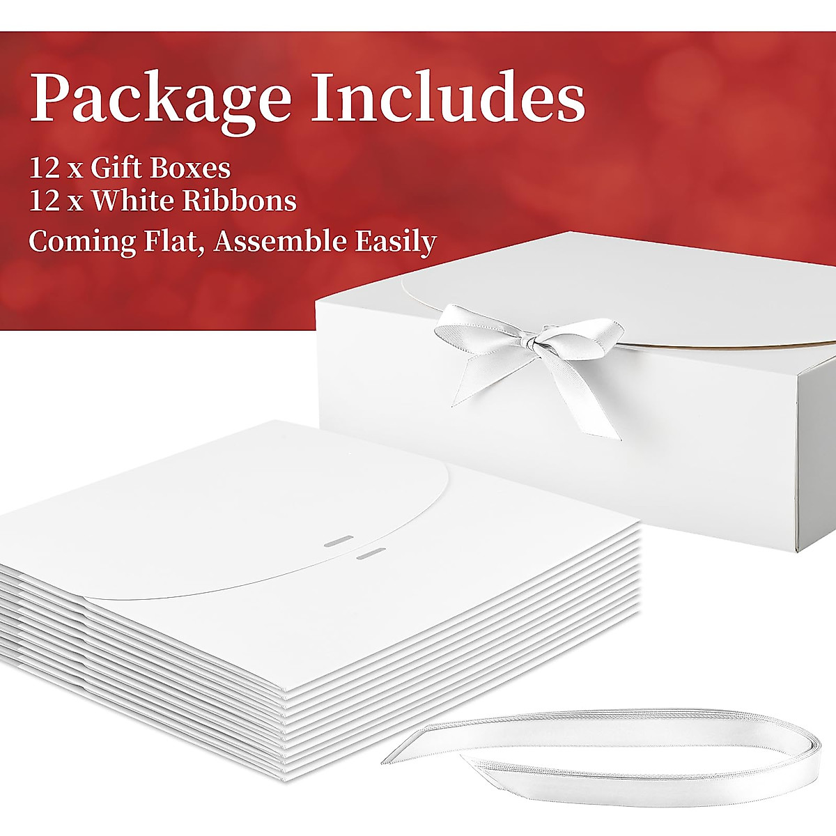 Ocmoiy 12 Pack Gift Boxes with Lids, 10.6x7.8x3.1 Inch White Paper Gift Box with Ribbon, Bridesmaid Proposal Box for Wedding, Packaging, Baby Shower, Birthday, Christmas, Party, Present Crafting
