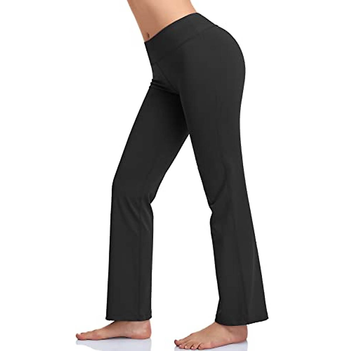 HISKYWIN Inner Pocket Yoga Pants 4 Way Stretch Tummy Control Workout Running Pants, Long Bootleg Flare Pants HF2 Black-XL