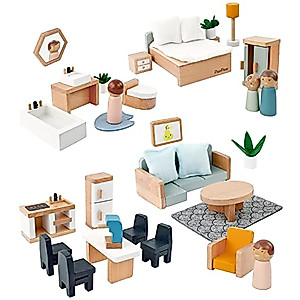 PairPear Wooden Toys Dollhouse Furniture Playset,35 Piece Furnitures with Family Dolls,Doll House Accessories Pretend Play Gift for Girls and Boys 3 Year and Up