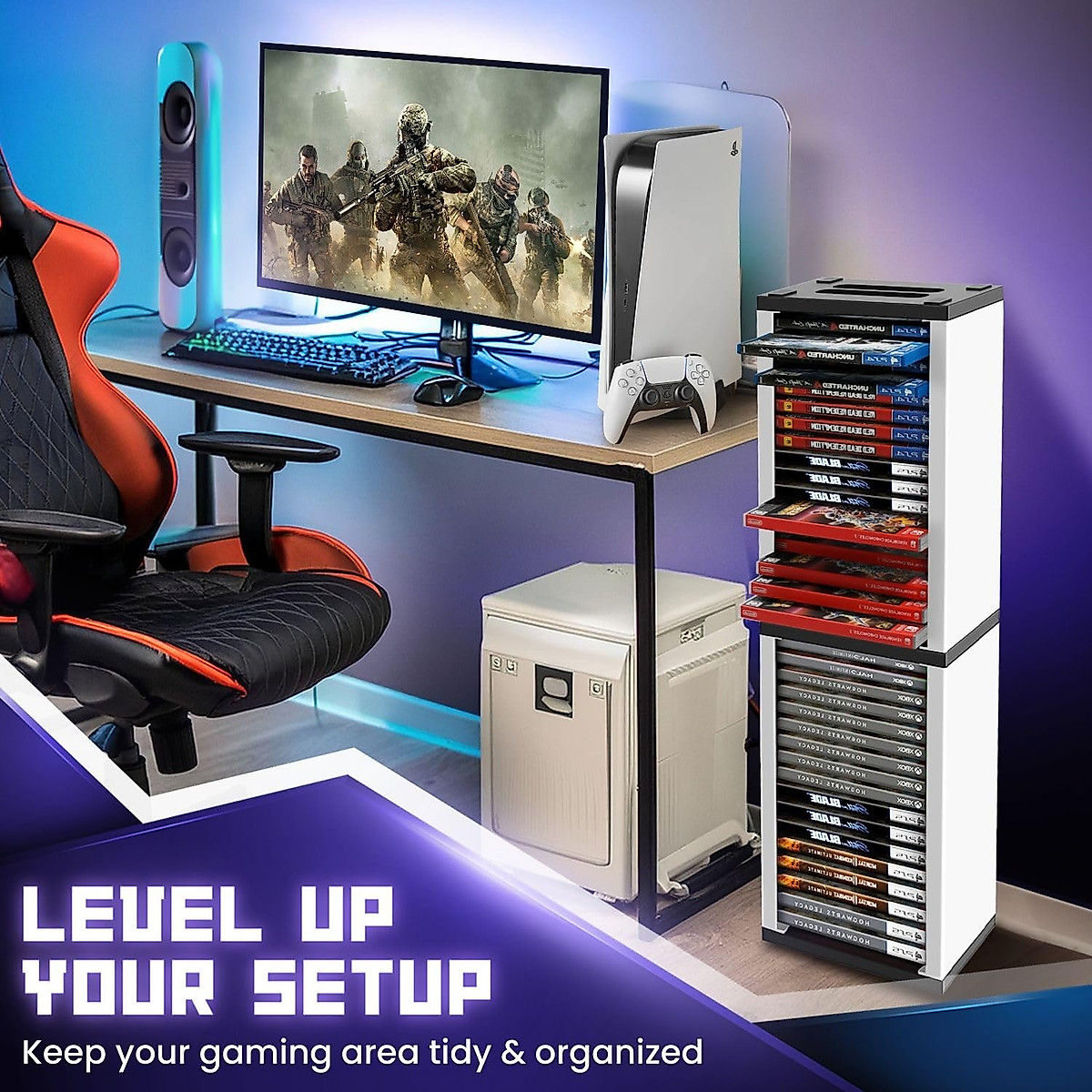 TNP Universal Video Game Storage Tower for PS5, PS4, PS3, Nintendo Switch, Xbox One, Xbox Series S/X - White Video Game Holder Organizer Stand with 36 CD Case Storage for Organizing & Displaying