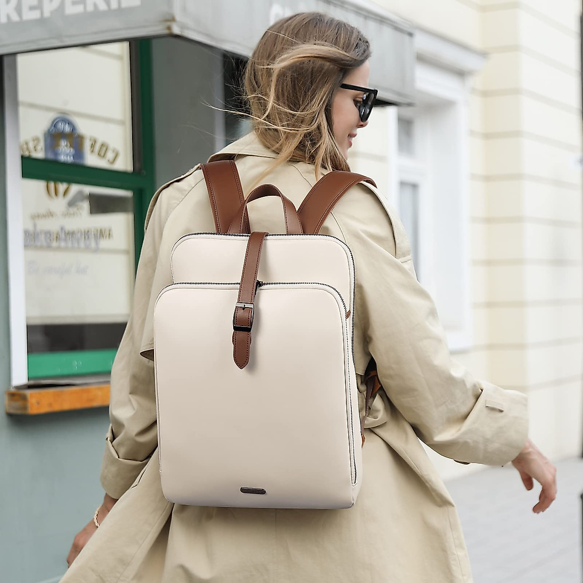 CLUCI Leather Laptop Backpack for Women 15.6 inch Computer Backpack Purse Travel Backpack Work Bag Daypack Beige With Brown