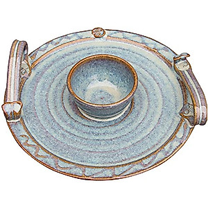 Castle Arch Pottery Handmade Party Platter with Dip Bowl. 9” Diameter Serving Plate with Celtic Spiral Logo. Original Irish Design Hand-Glazed for Durability and Quality of Finish (Green)