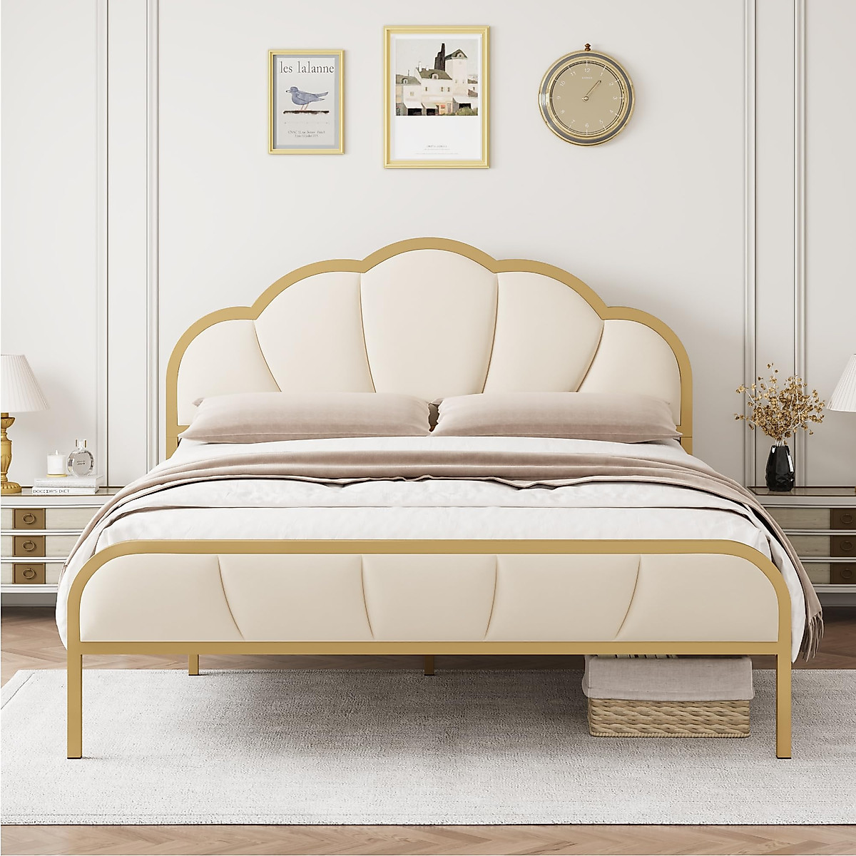 BOTLOG Queen Bed Frame, Upholstered Platform Bed Frame with Velvet Petal Headboard, Footboard, Strong Wooden Slats, No Box Spring Needed/Easy Assembly (Queen)
