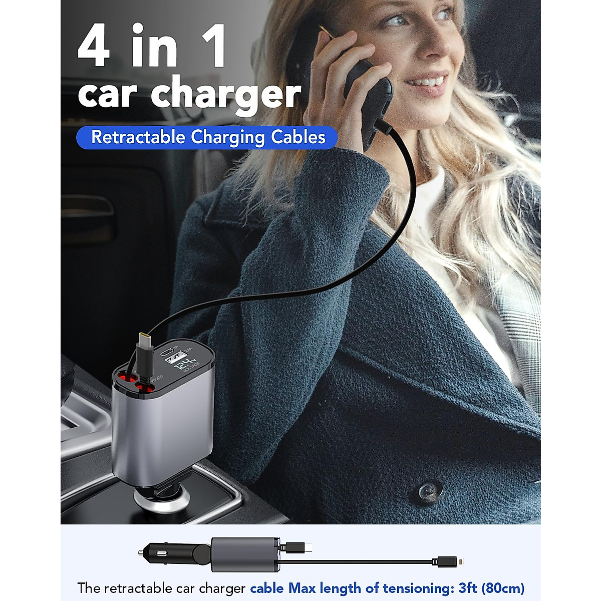 Retractable Car Charger, 4 in 1 Fast Car Phone Charger 66W, Retractable Cables and USB Car Charger,Compatible with iPhone 15/14/13/12/11,Galaxy,Pixel