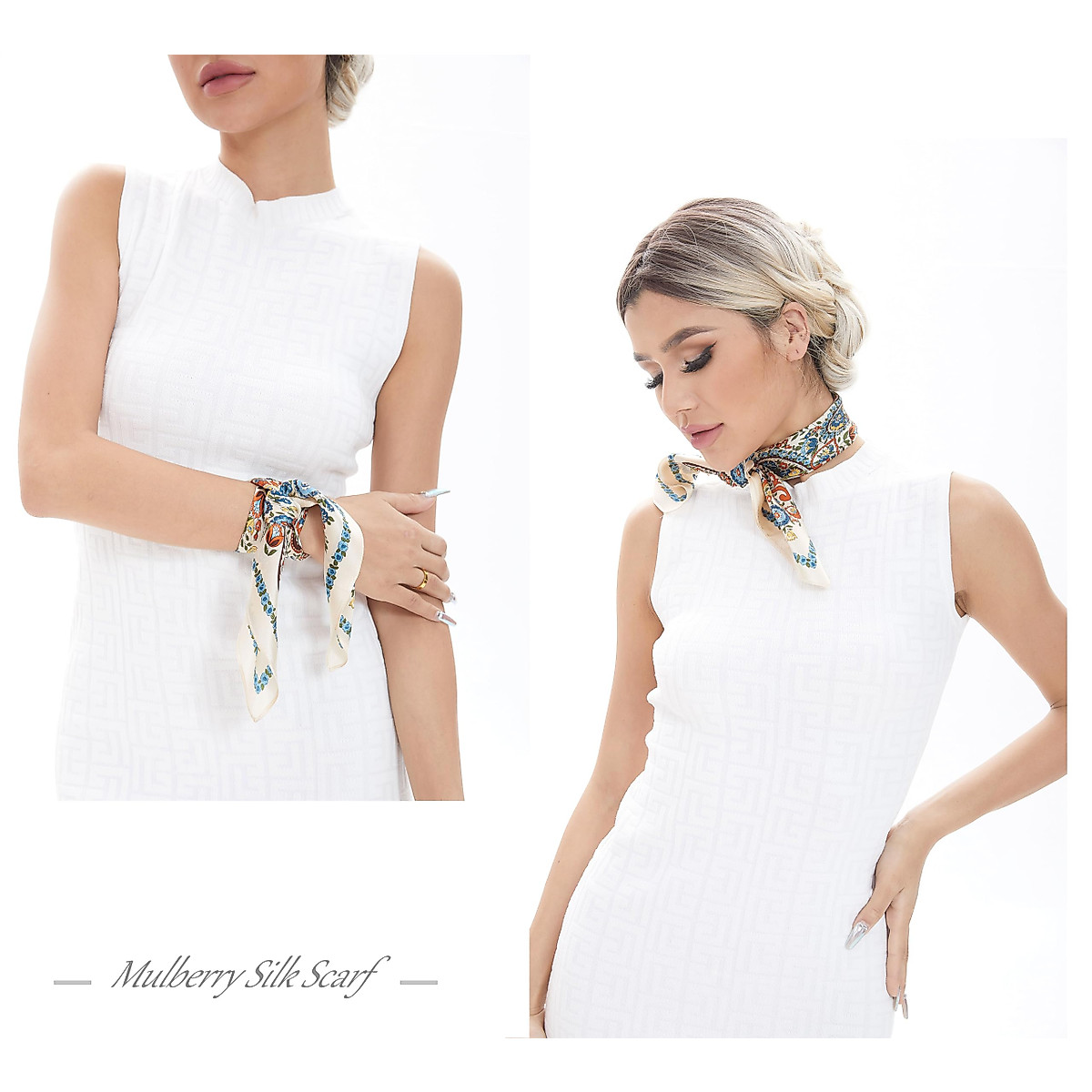 MEISEE Pure Natural Mulberry Silk Scarfs Women Small Square Scarf 21" x 21" Breathable Lightweight Neckerchief Printed Headscarf (White flower-10)